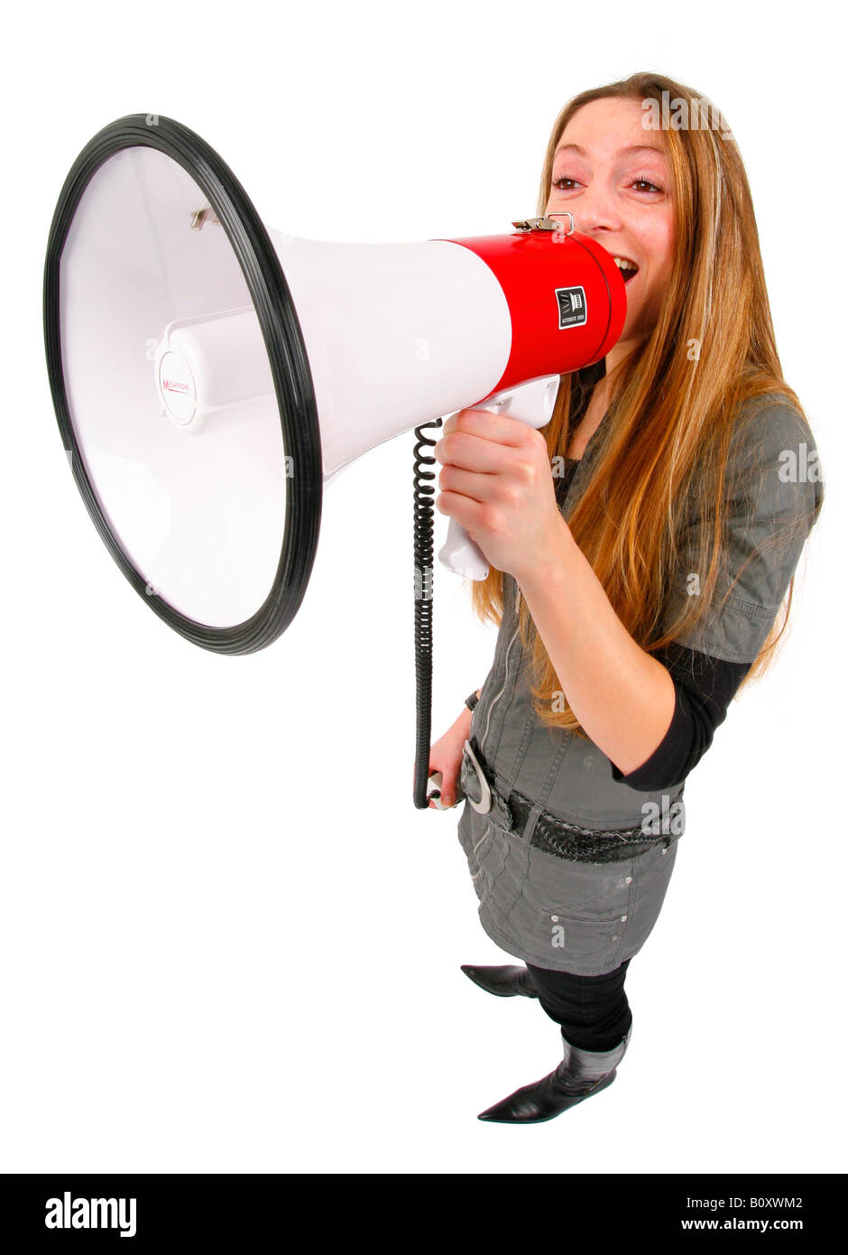 young handsome women screaming into a megaphone Stock Photo - Alamy