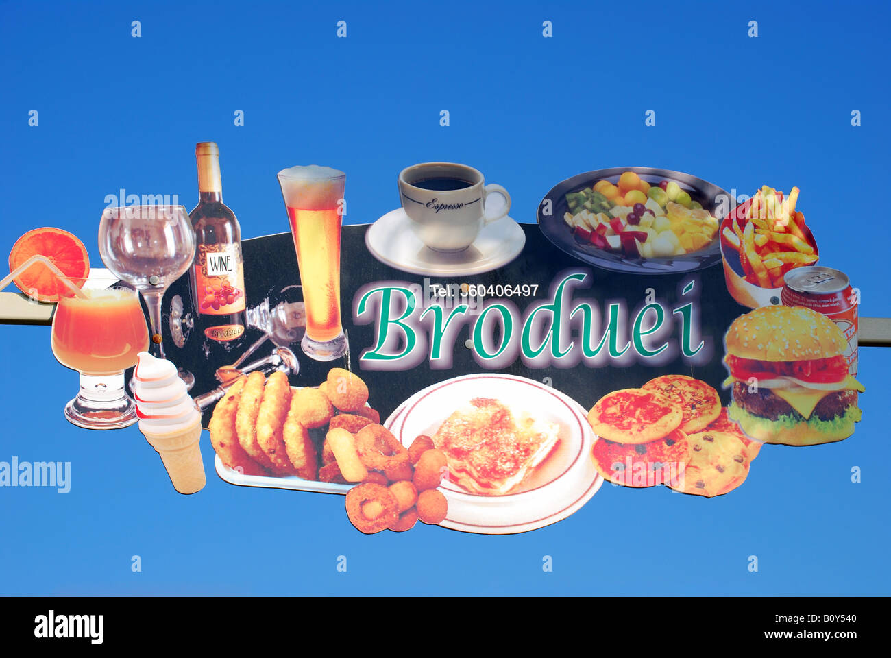 Waterfront restaurant sign on beachfront, Cefalu, Palermo Province ...