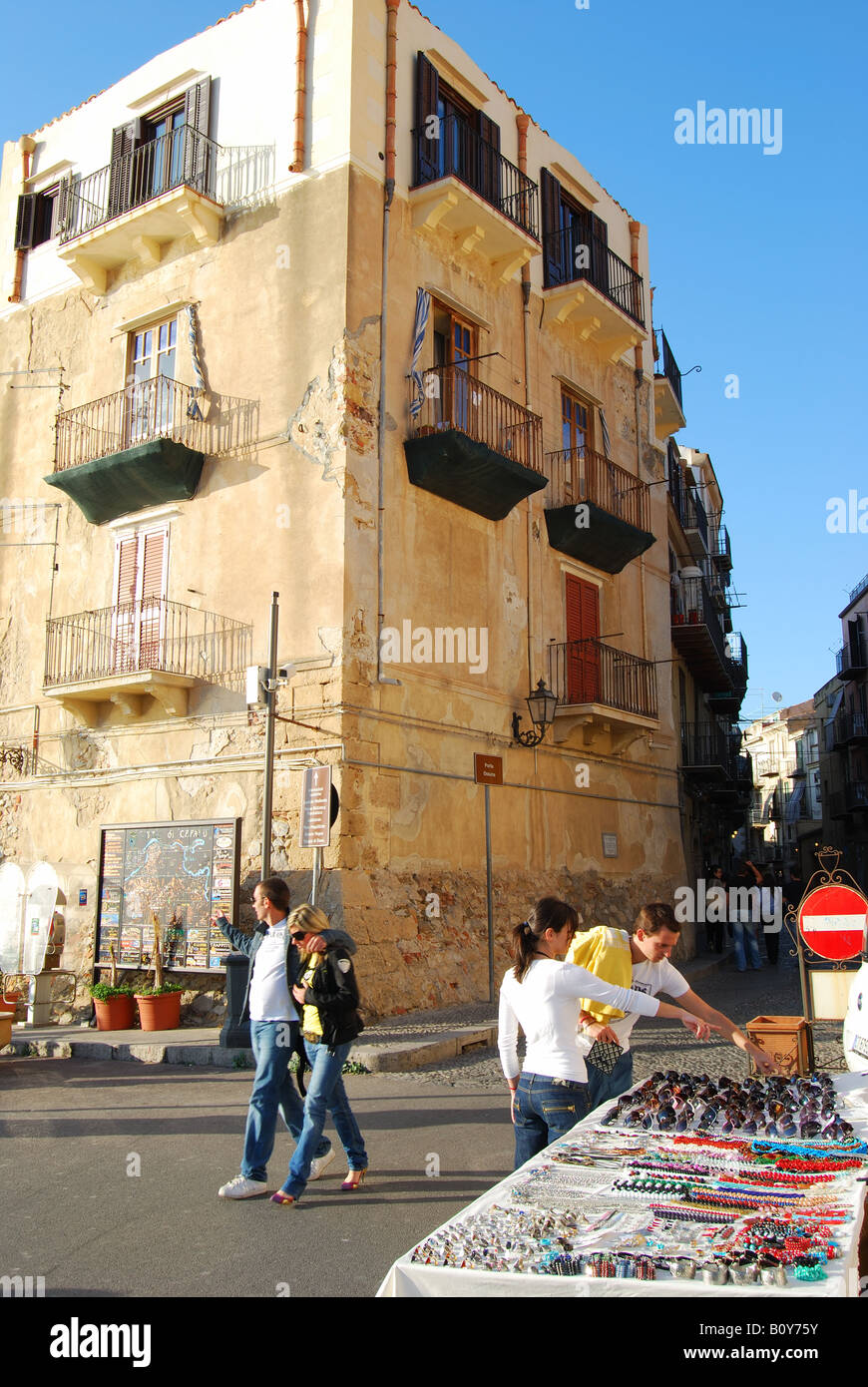 Street market stall on seafront, Cefalu, Palermo Province, Sicily ...