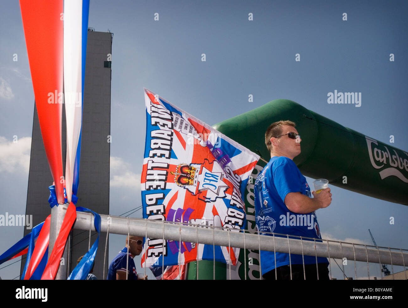 Glasgow Rangers fan with Union Jack flag, in Manchester for the UEFA ...
