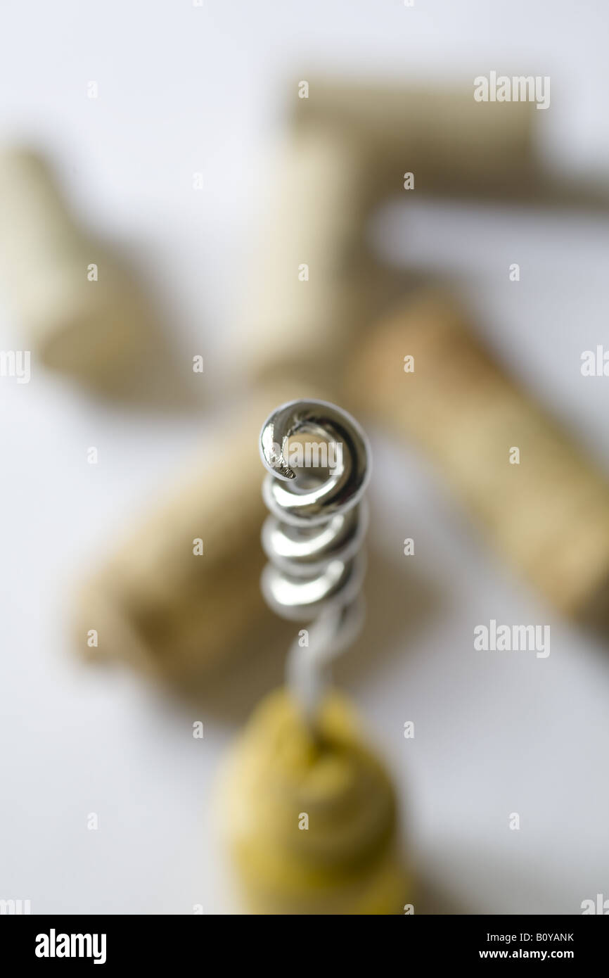 Tip of corkscrew viewed from above with several corks laying out of ...