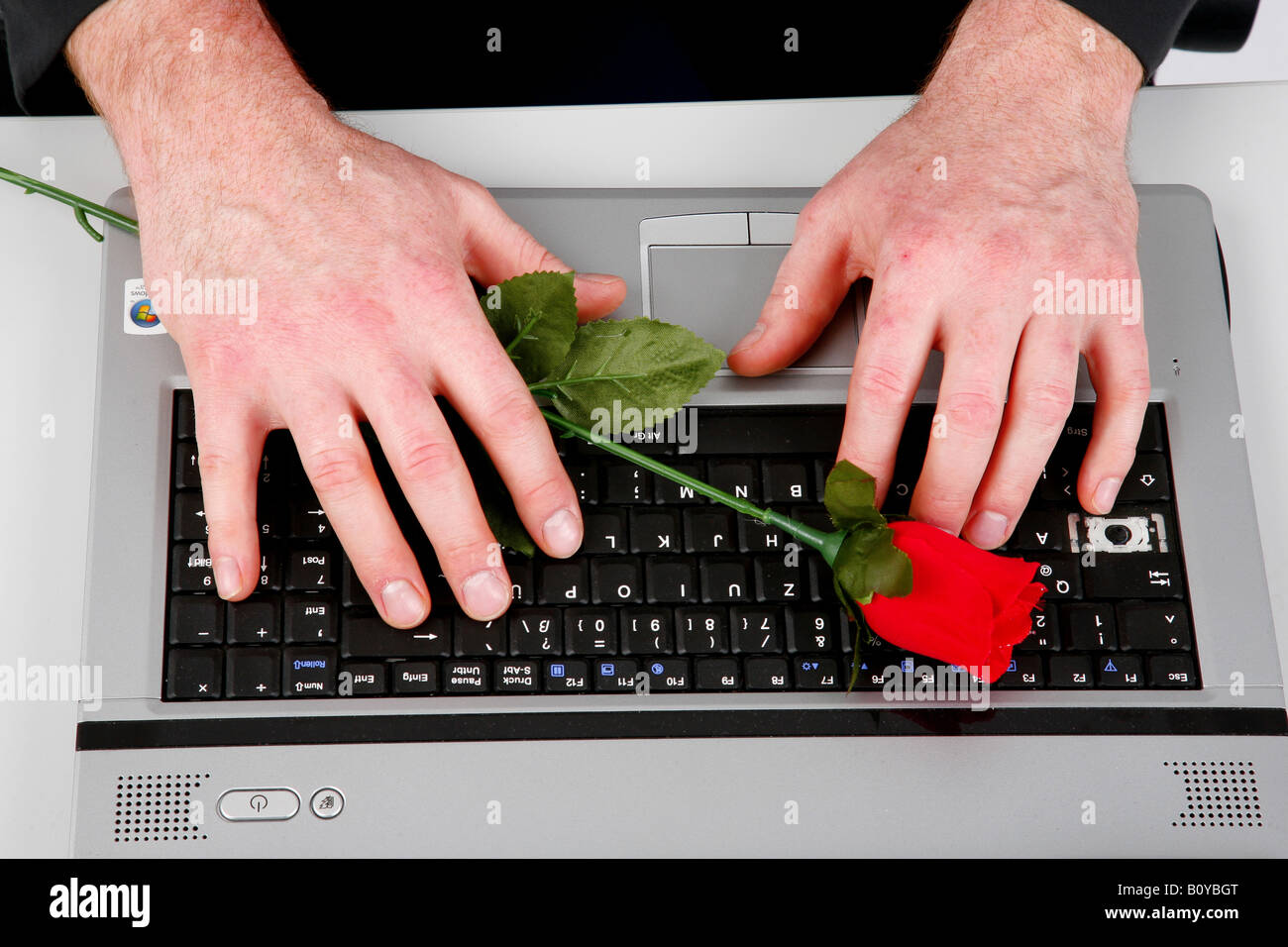 typing hands an a red rose on laptop keyboard Stock Photo - Alamy