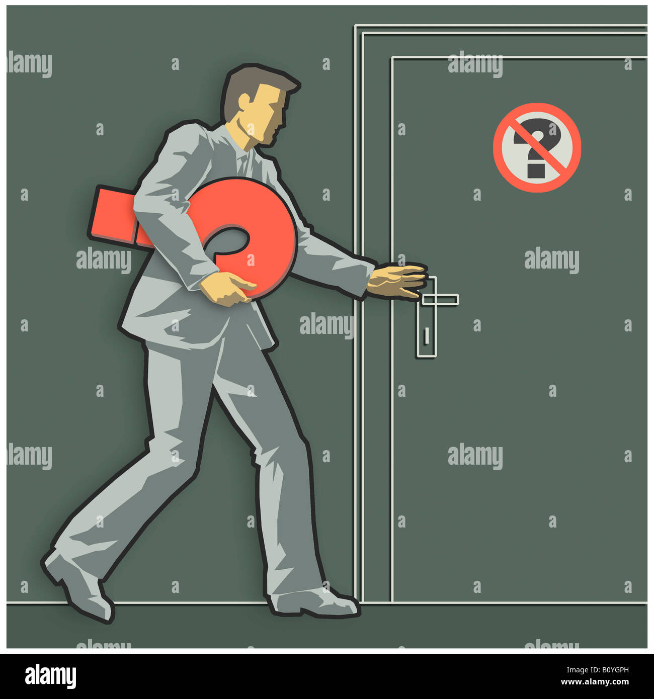 Man holding question mark, opening door Stock Photo - Alamy
