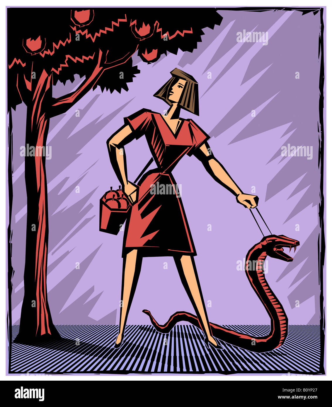 Eva holding snake on leash Stock Photo - Alamy