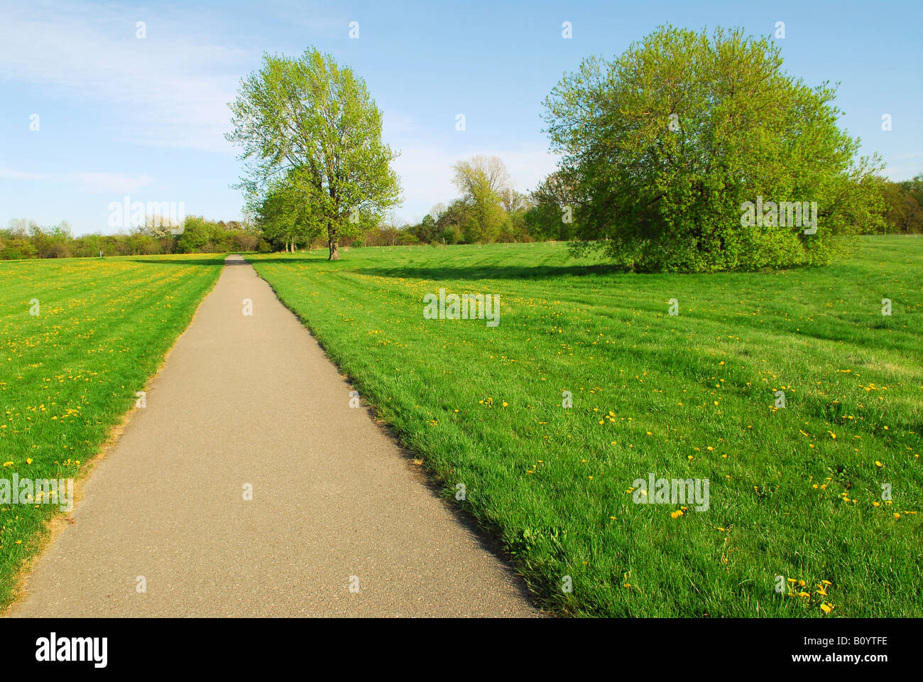 Green late spring landscape with empty recreational trail Stock Photo ...