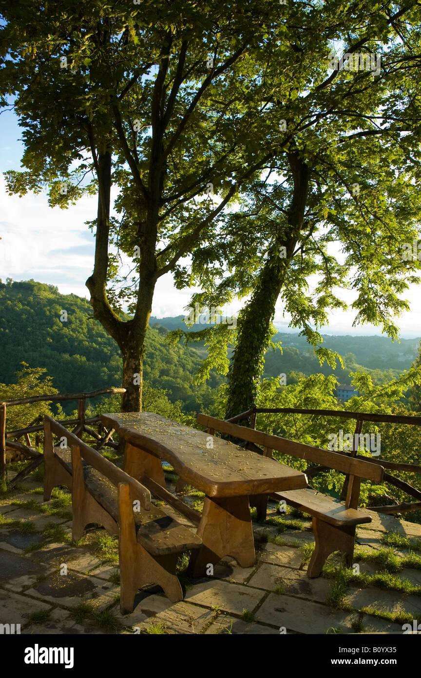 Wooden table and benchs under the trees in a viewpoint with a wonderful ...