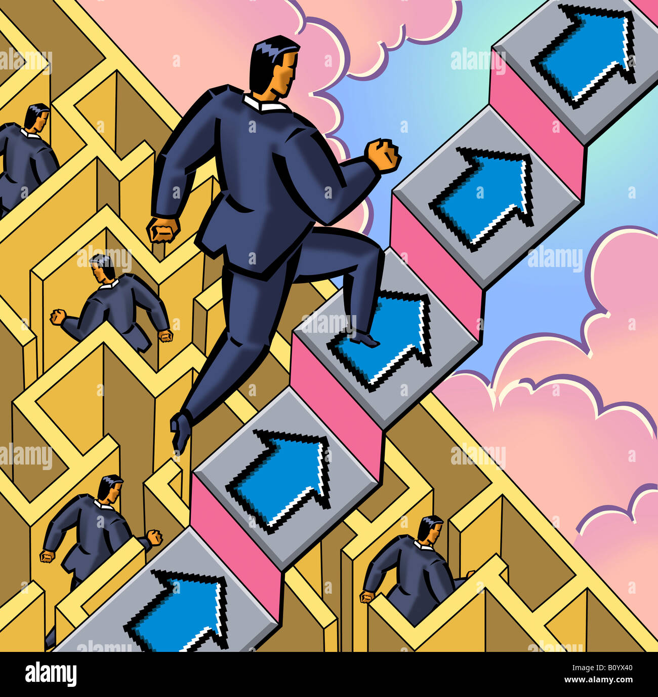 Businessman running up stairs, labyrinth in background Stock Photo - Alamy