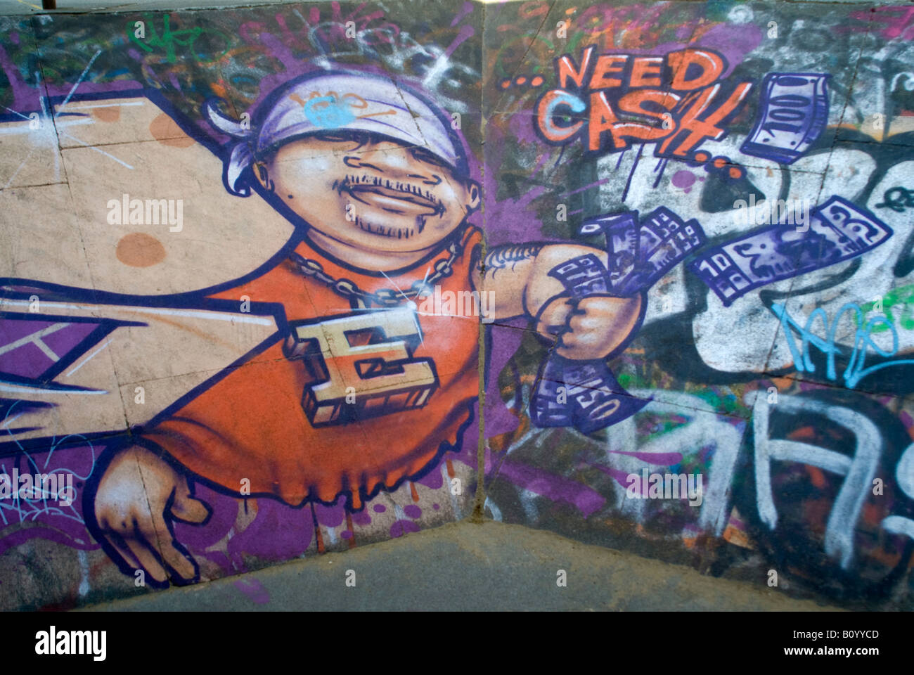 Horizontal close up of colourful cartoon-style graffiti art covering ...