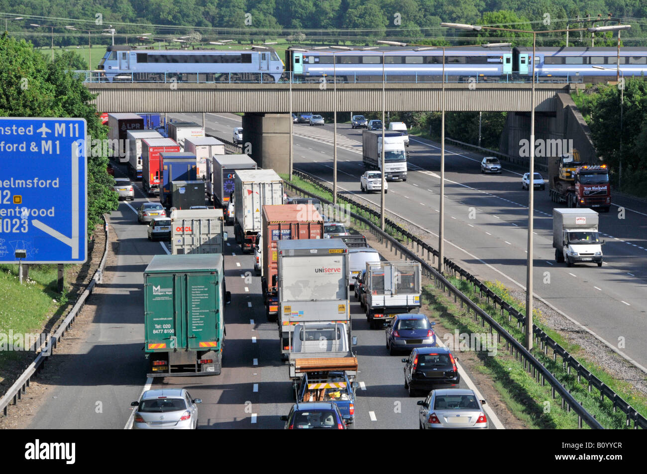 Transport choice M25 motorway nose to tail slow moving traffic watching ...