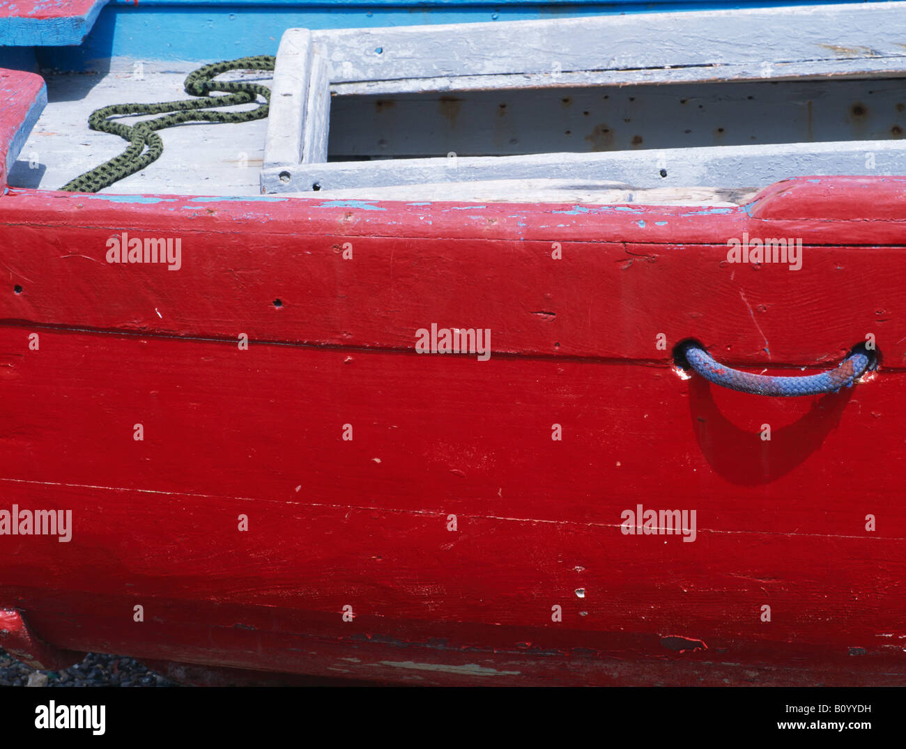 Detail of brightly coloured wooden fishing boat in Marettimo port Egadi ...