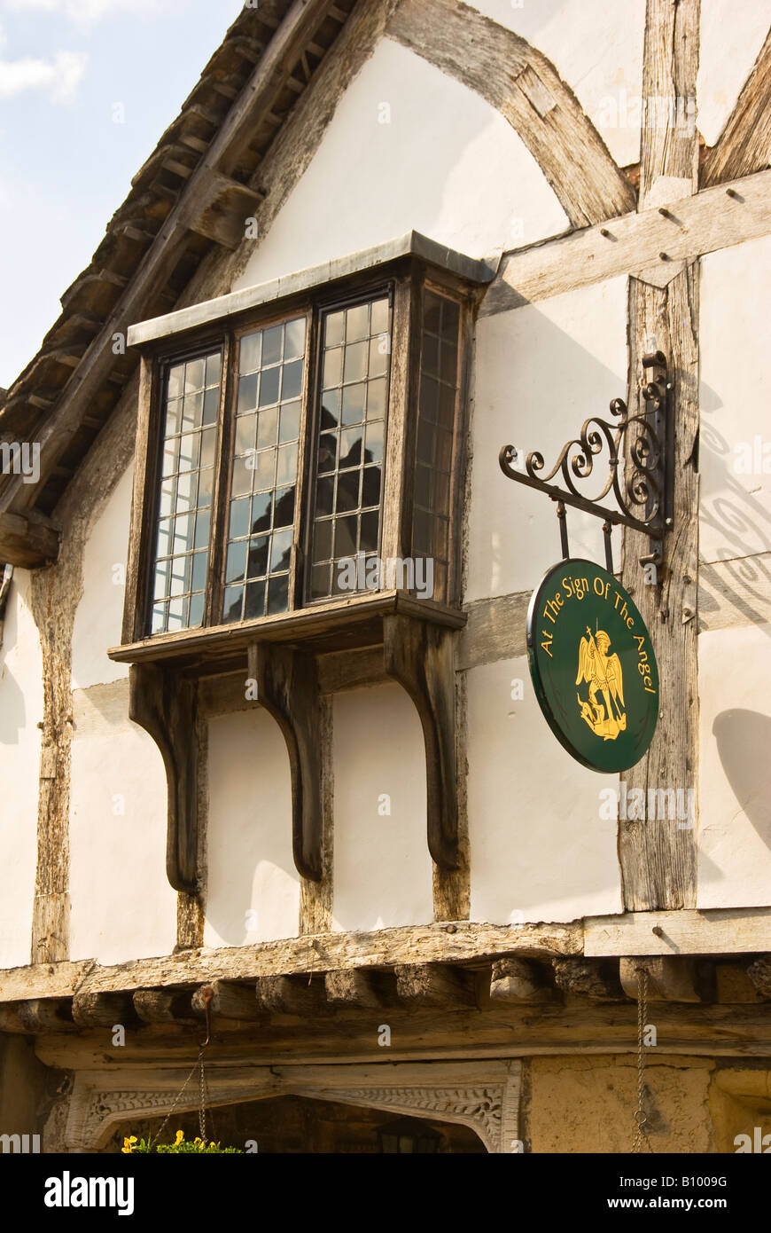 Upper bay window and sign of the Sign of the Angel inn and hotel in ...