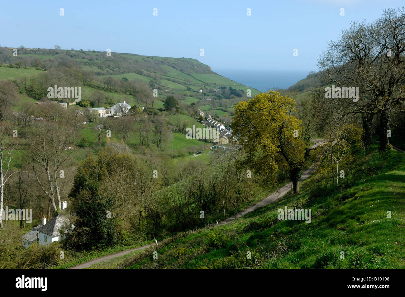 Looking down a valley over Branscombe village towards the coast in ...