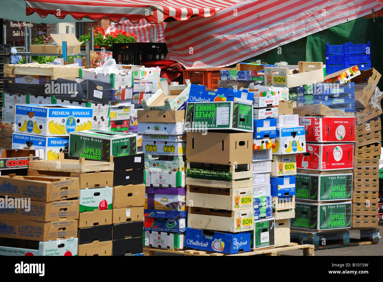 Stacked boxes, outdoor market, Wendover, Buckinghamshire, England ...