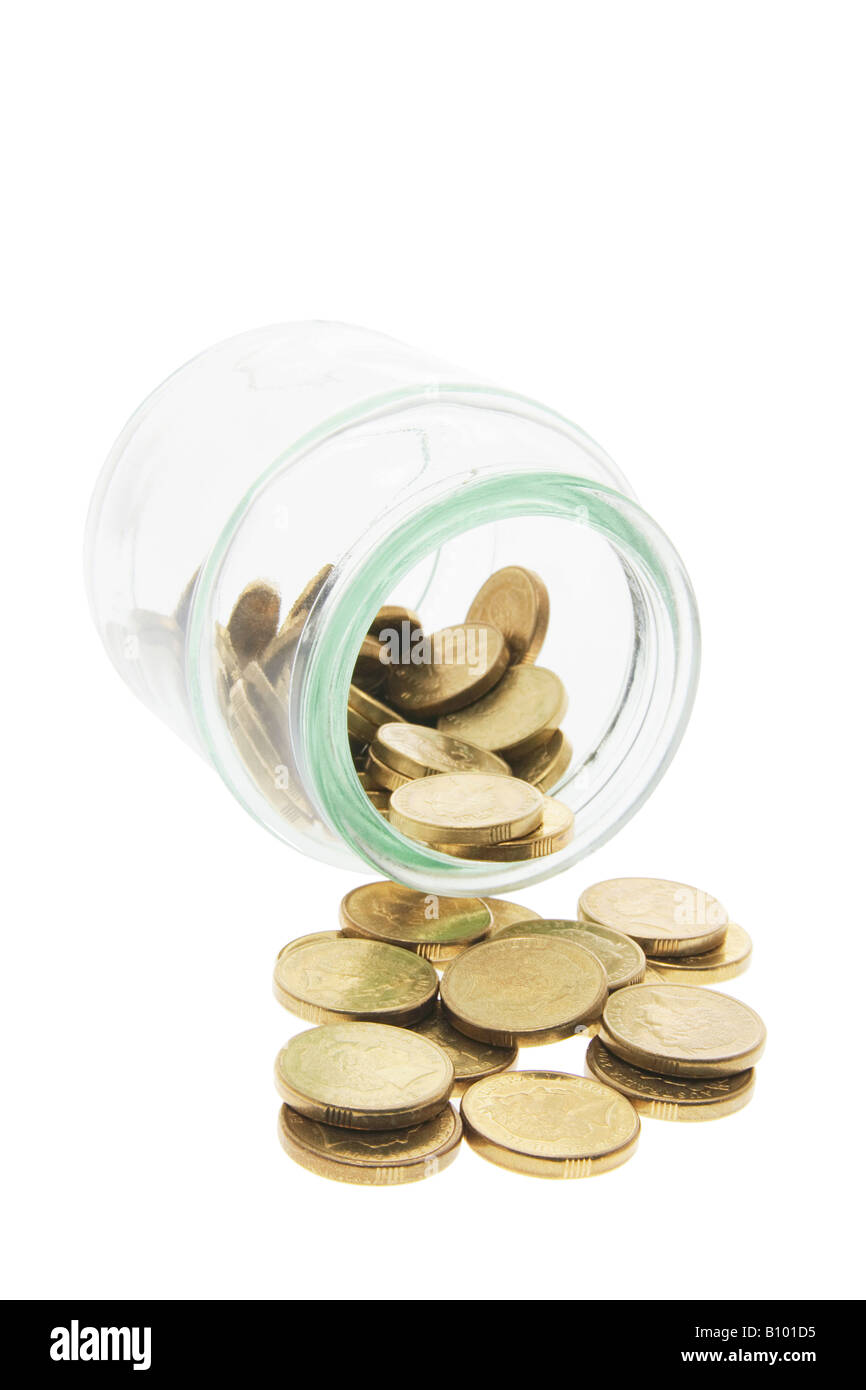Coins Spilling from Fallen Glass Jar Stock Photo - Alamy