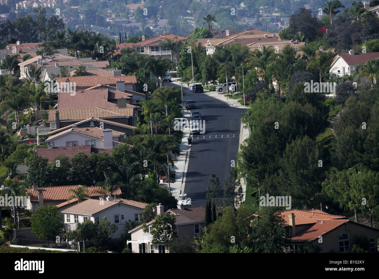 A low-angle aerial view of a residential street scene Stock Photo - Alamy