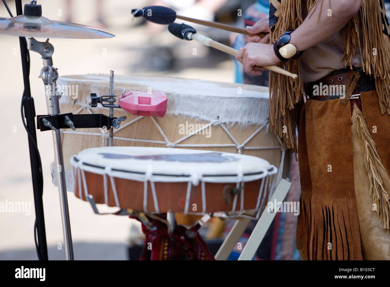 Native American Indian drums being played by buskers in Great Yarmouth ...