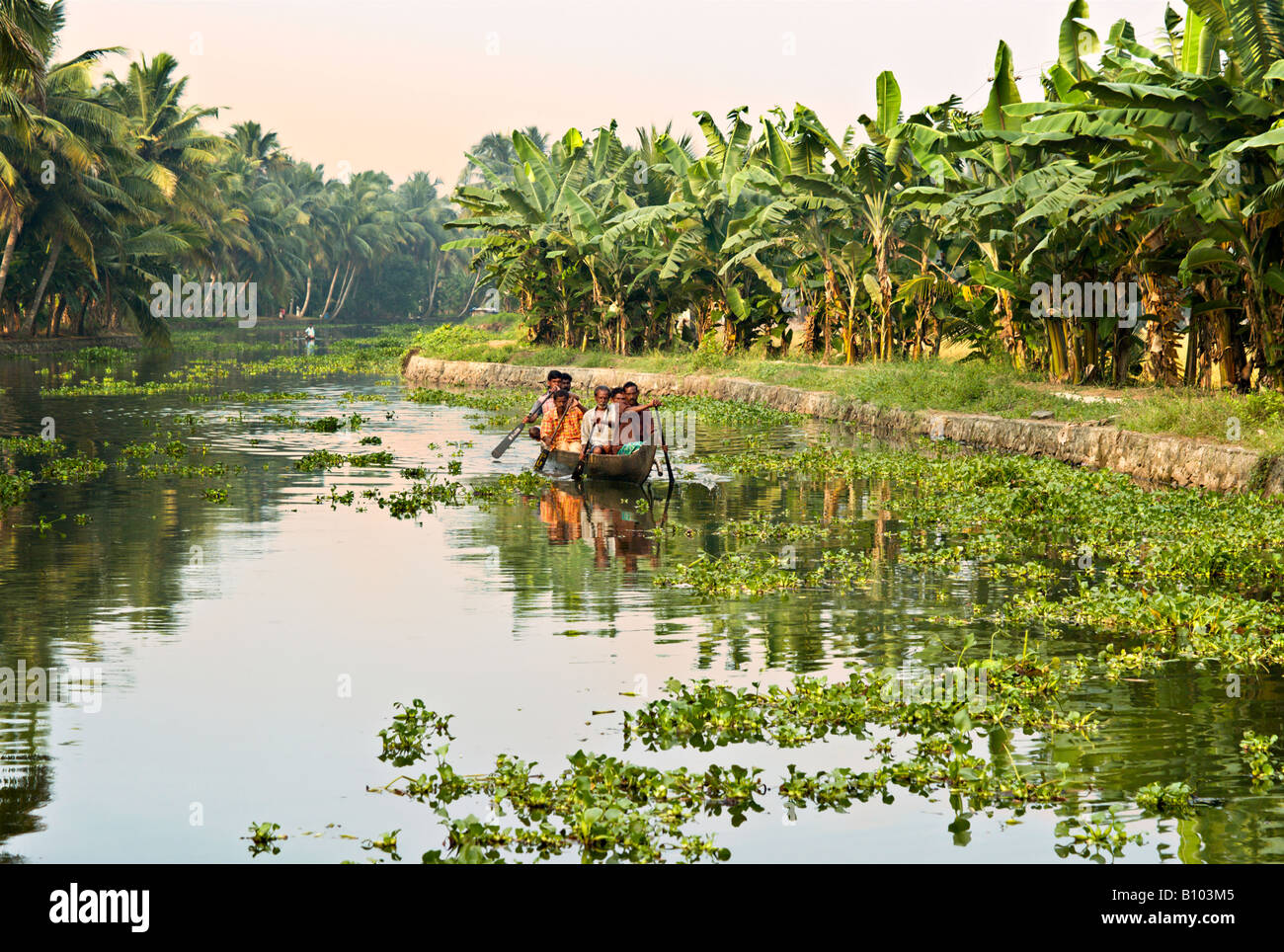 INDIA KERALA Indian fishermen rowing their wooden canoe in a canal in ...
