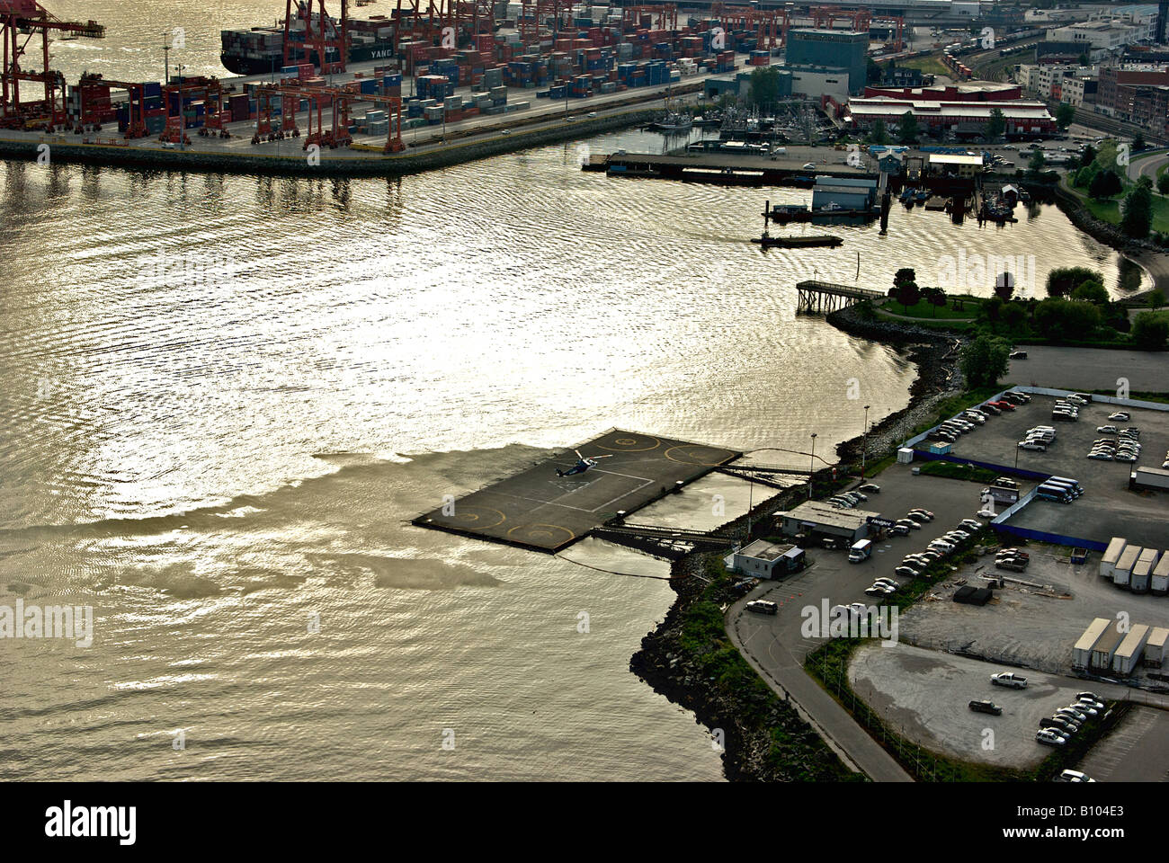 Aerial view of a commercial commuter helicopter landing at its downtown ...