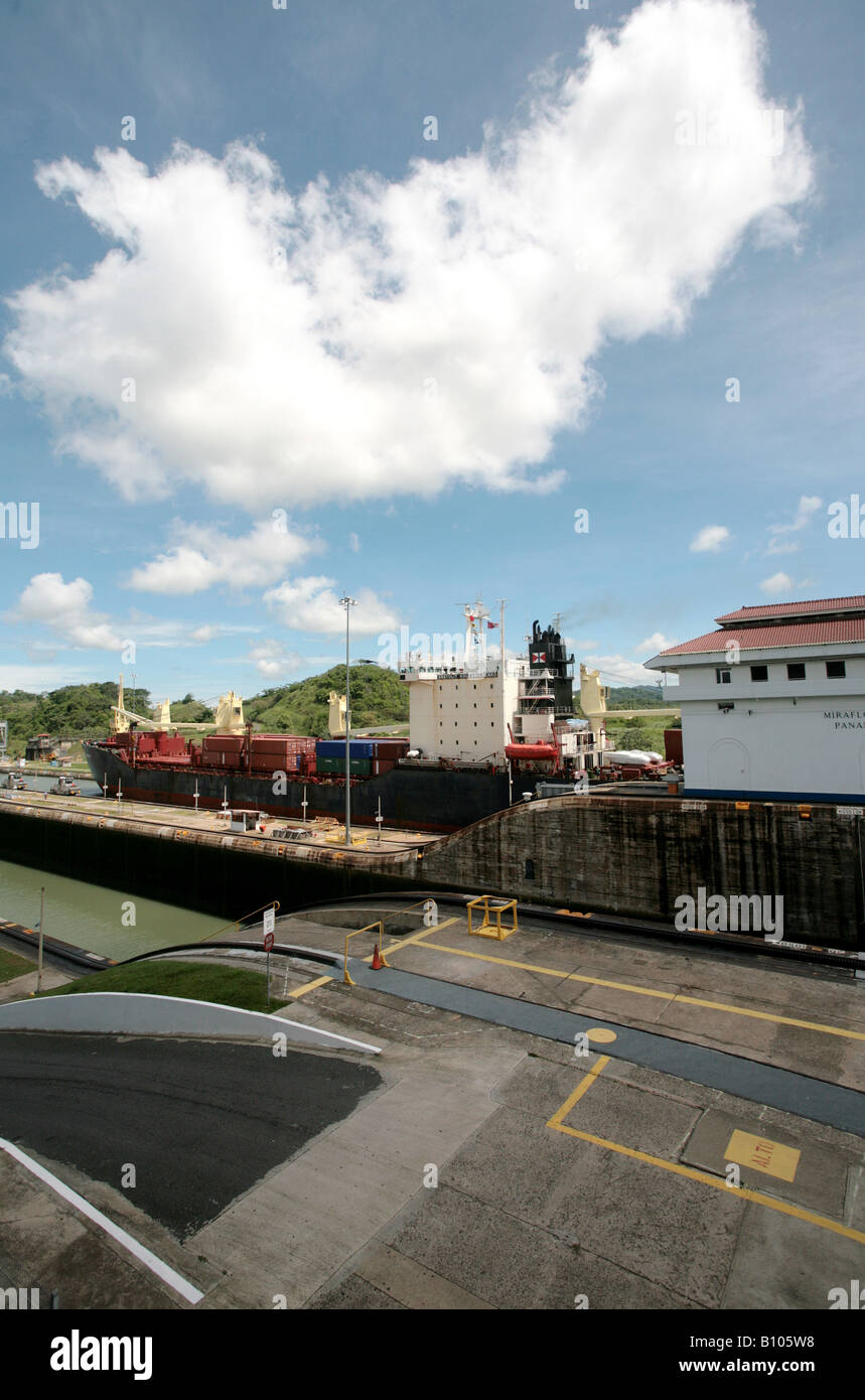 Ship transiting the Panama Canal trough Miraflores Locks Stock Photo ...