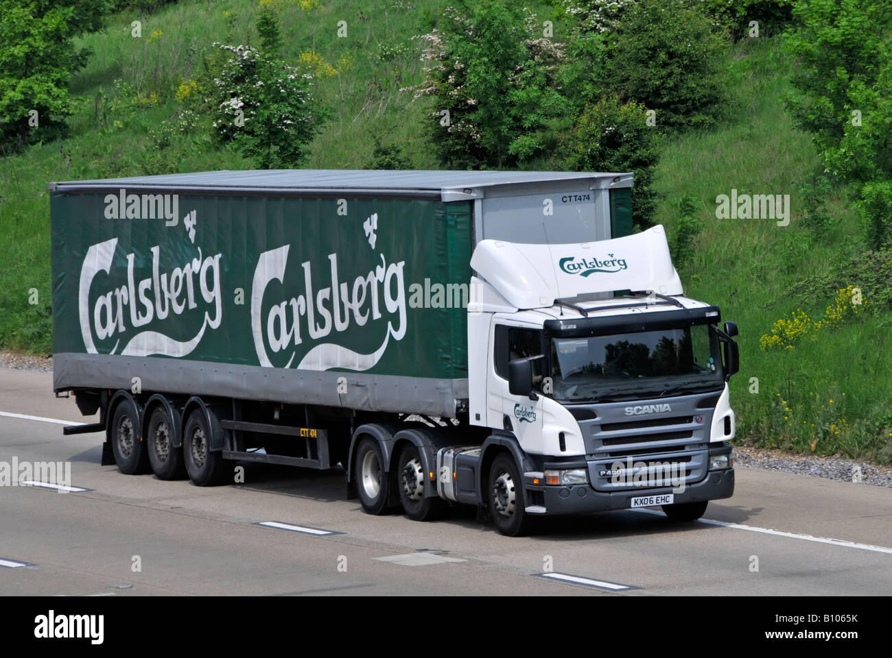 Carlsberg Scania articulated delivery lorry and trailer Stock Photo ...