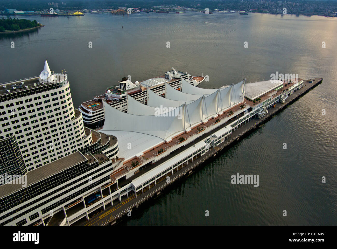 Aerial view of an Alaskan cruise ship docking at Canada Place cruise ...