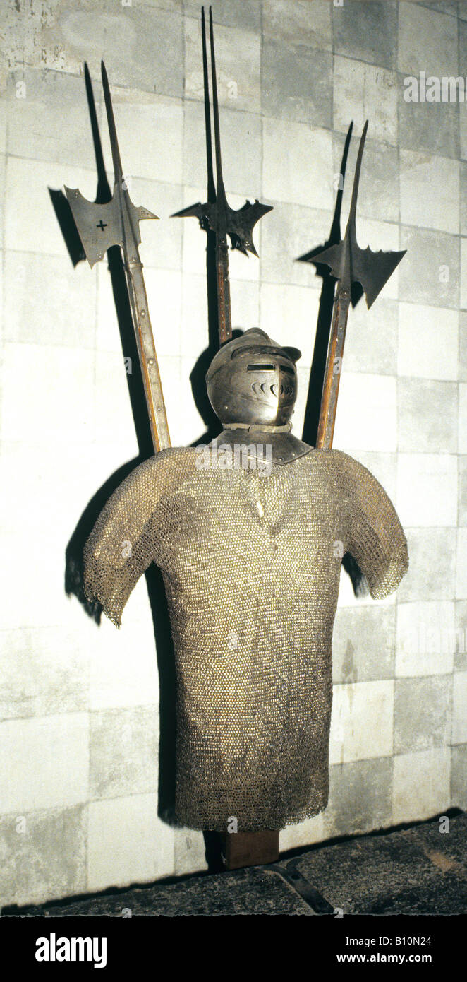 Chain mail helmet and halberds Chillon Castle 15th centuryC ...