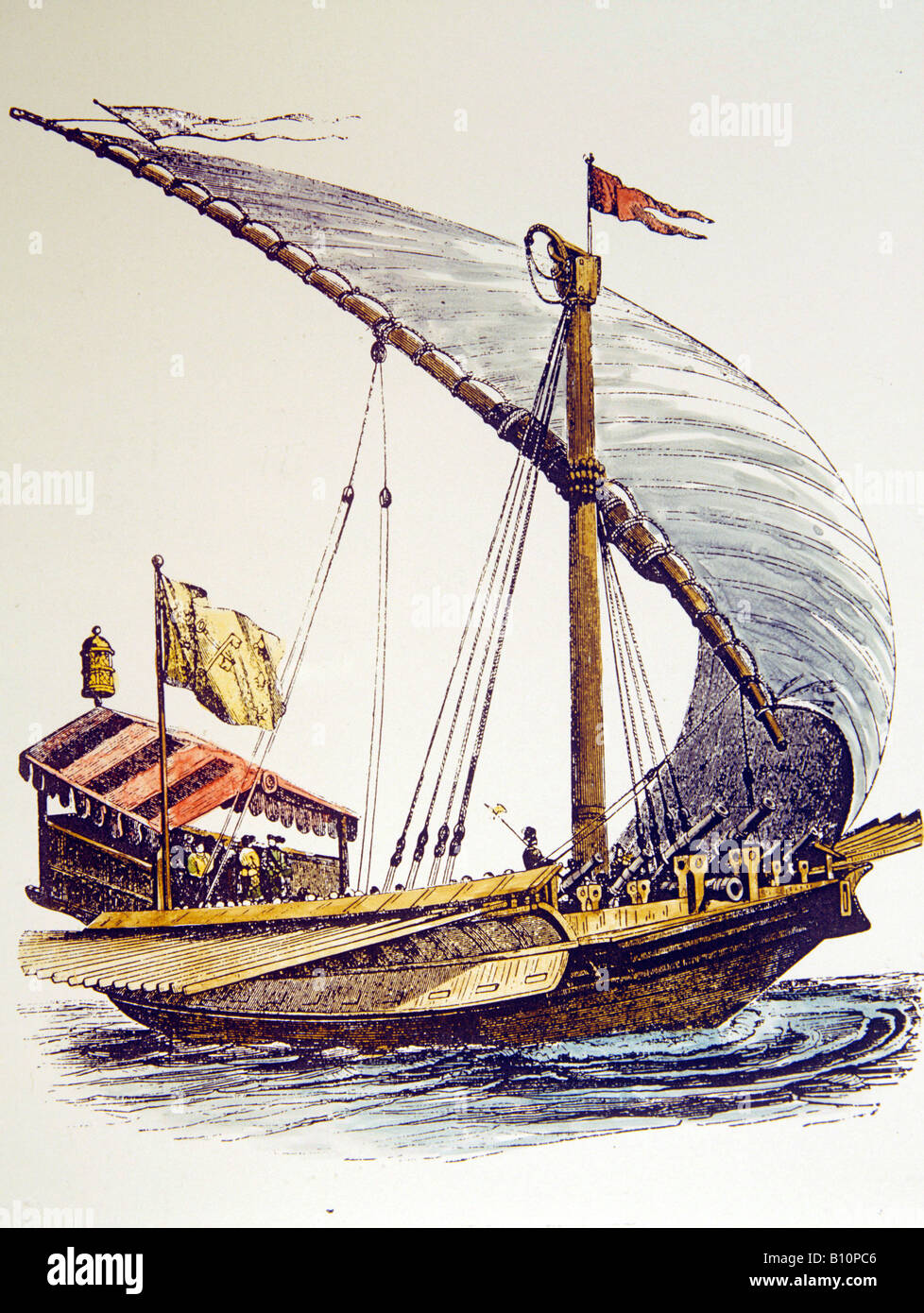Pontificial Galley with sails oars and heavy artillery 16th c engraving ...