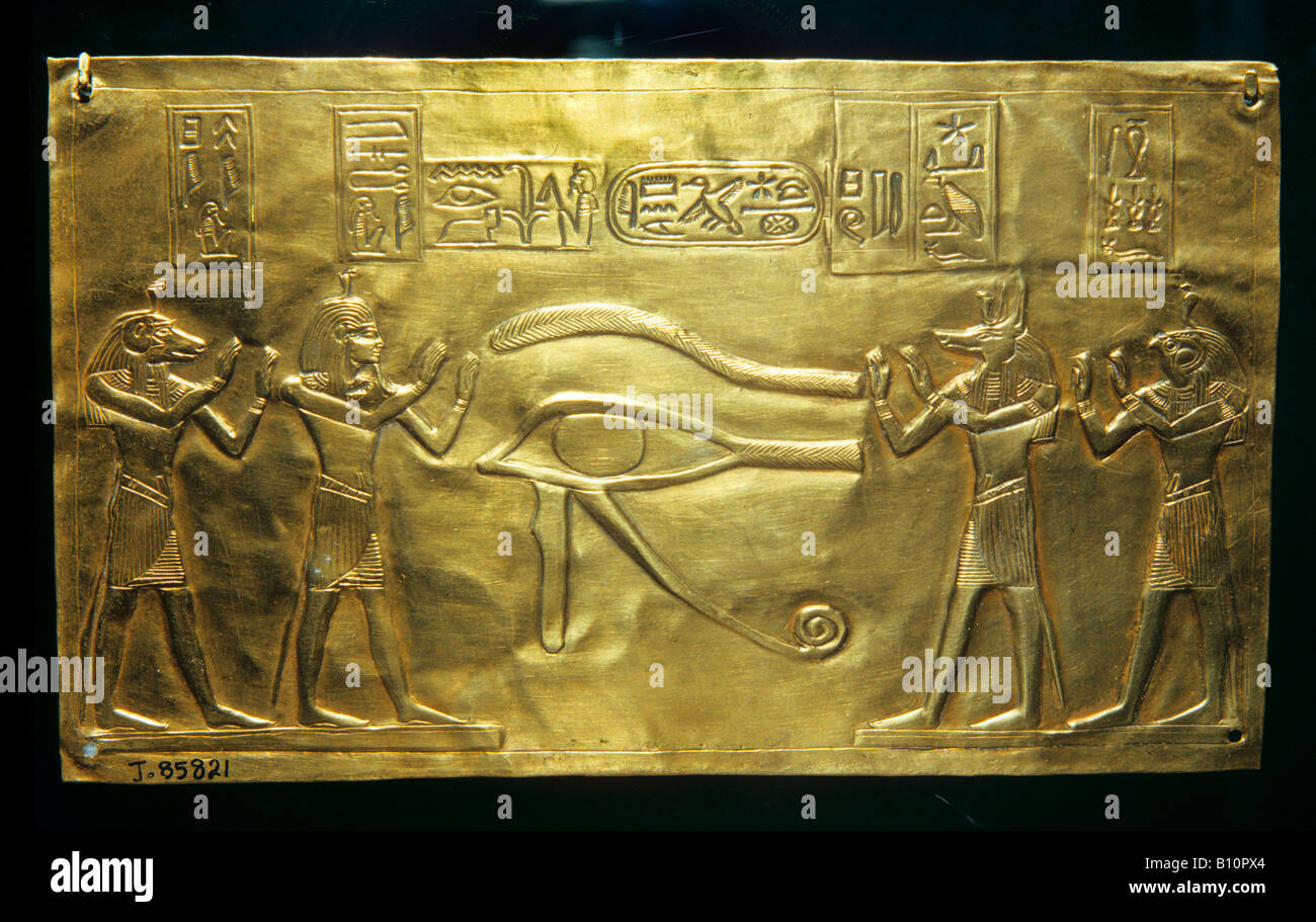 Psusennes I Tomb Evisceration gold plaque Thoth. Oudjat Eye. Anubis and ...