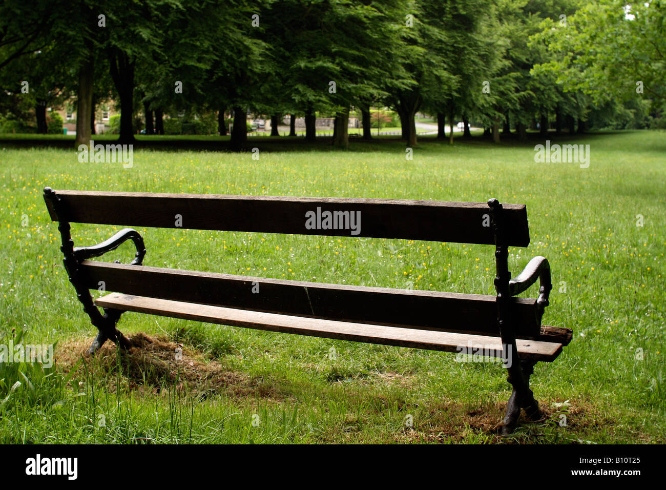 A quiet park bench, overlooking an empty park Stock Photo - Alamy