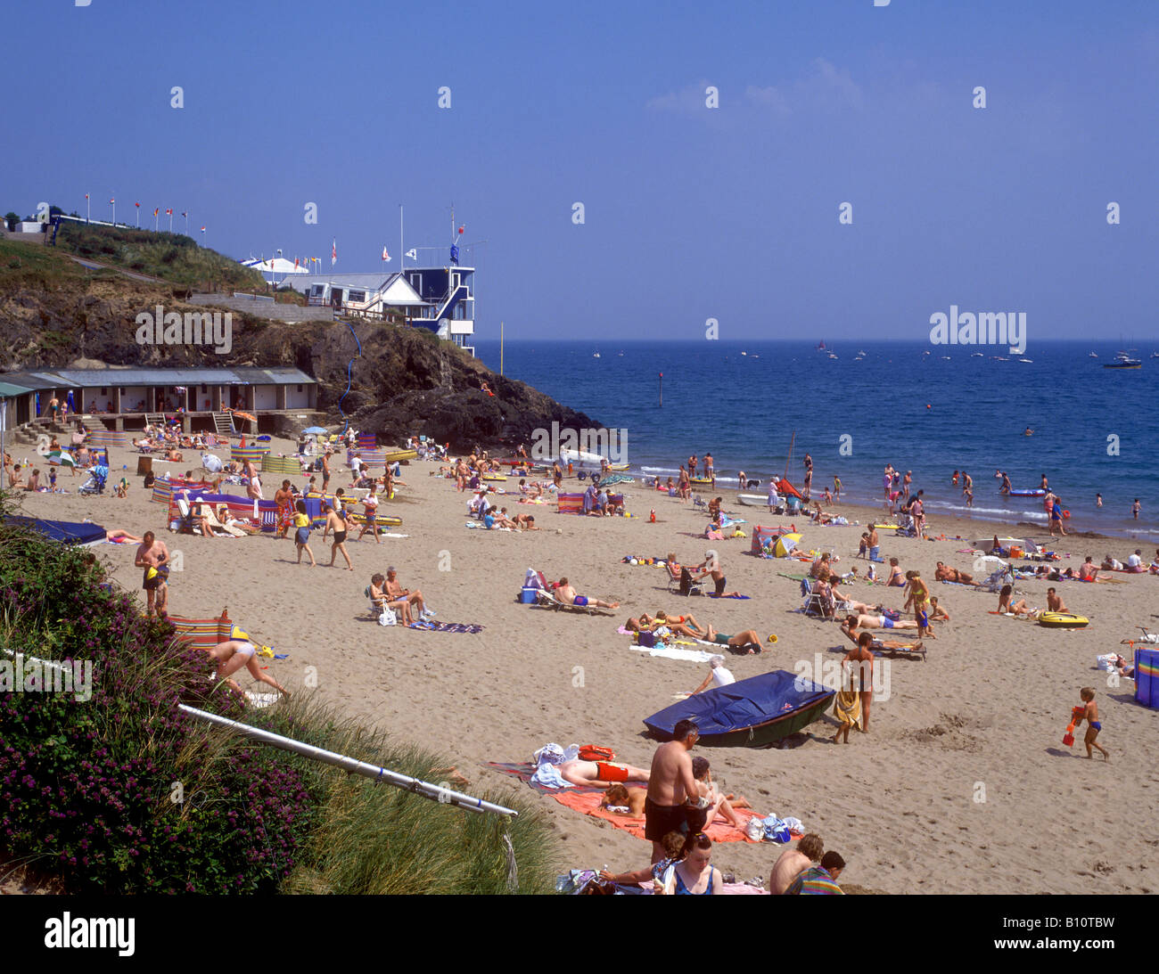 View of the sandy beach at the popular resort of Abersoch on the Lleyn ...