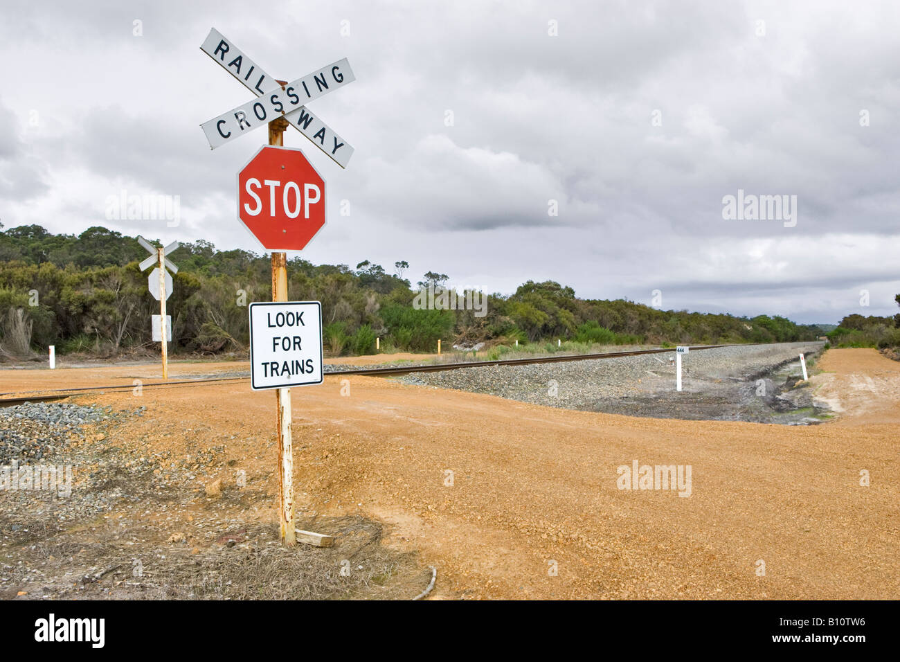 A stop sign at a railway crossing near Albany, Western Australia Stock ...