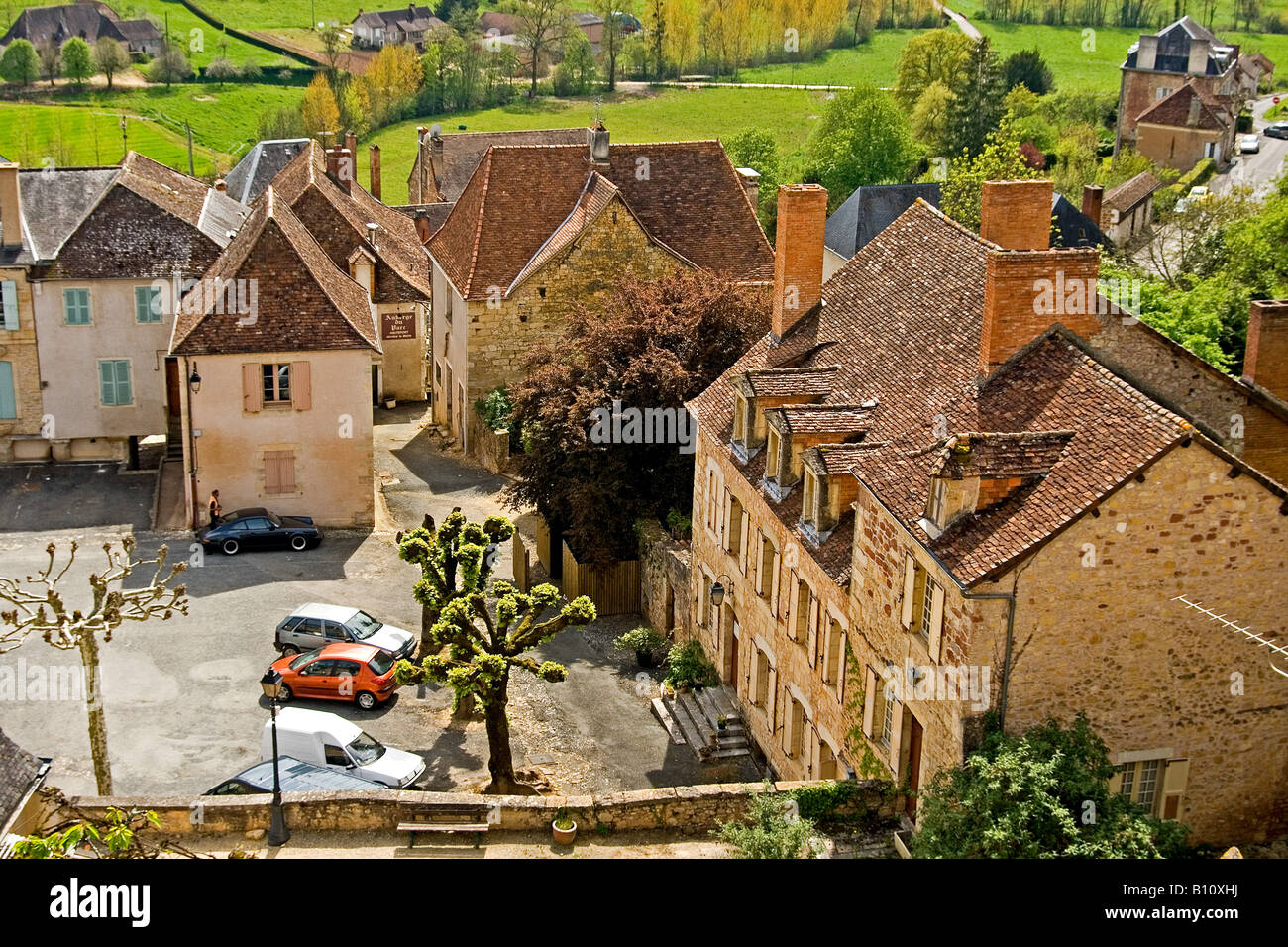 Hautefort village viewed from the Chateau battlements in the Dordogne ...