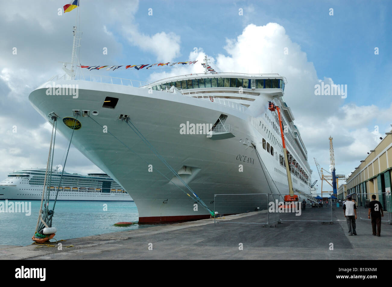 A Cherry Picker being used by the crew to clean the cruise ship Oceana ...
