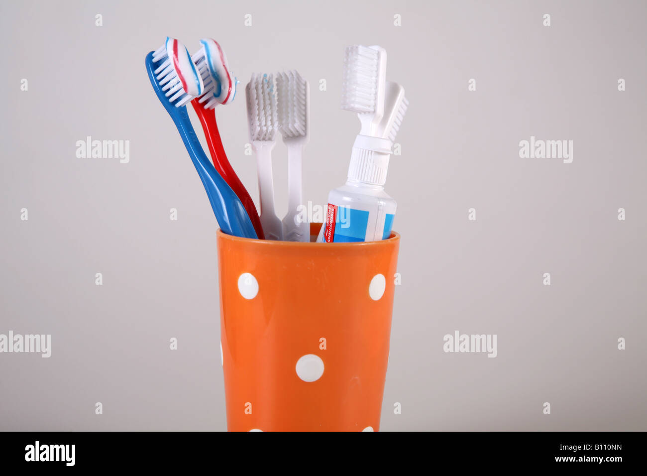 Toothbrushes and Toothpaste in holder Stock Photo - Alamy