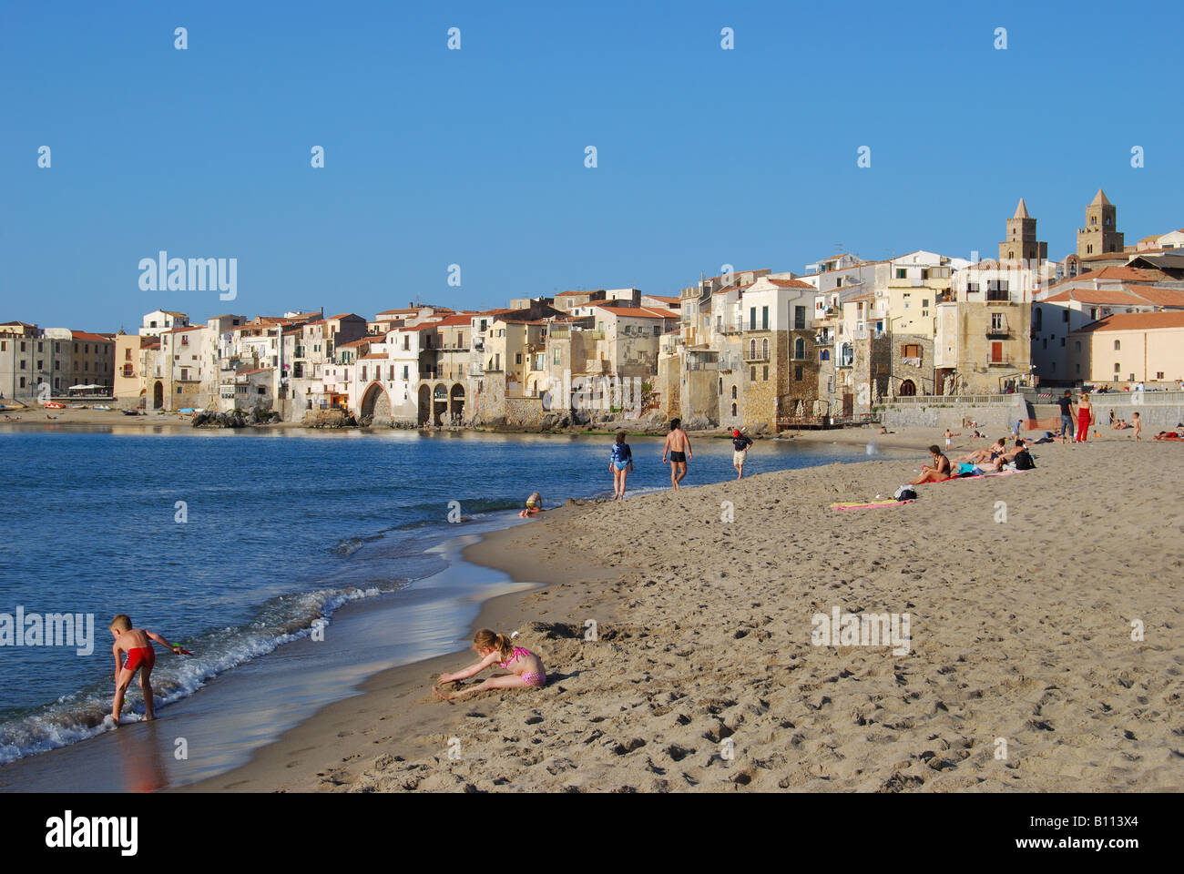 View of city and beach, Cefalu, Palermo Province, Sicily, Italy Stock ...
