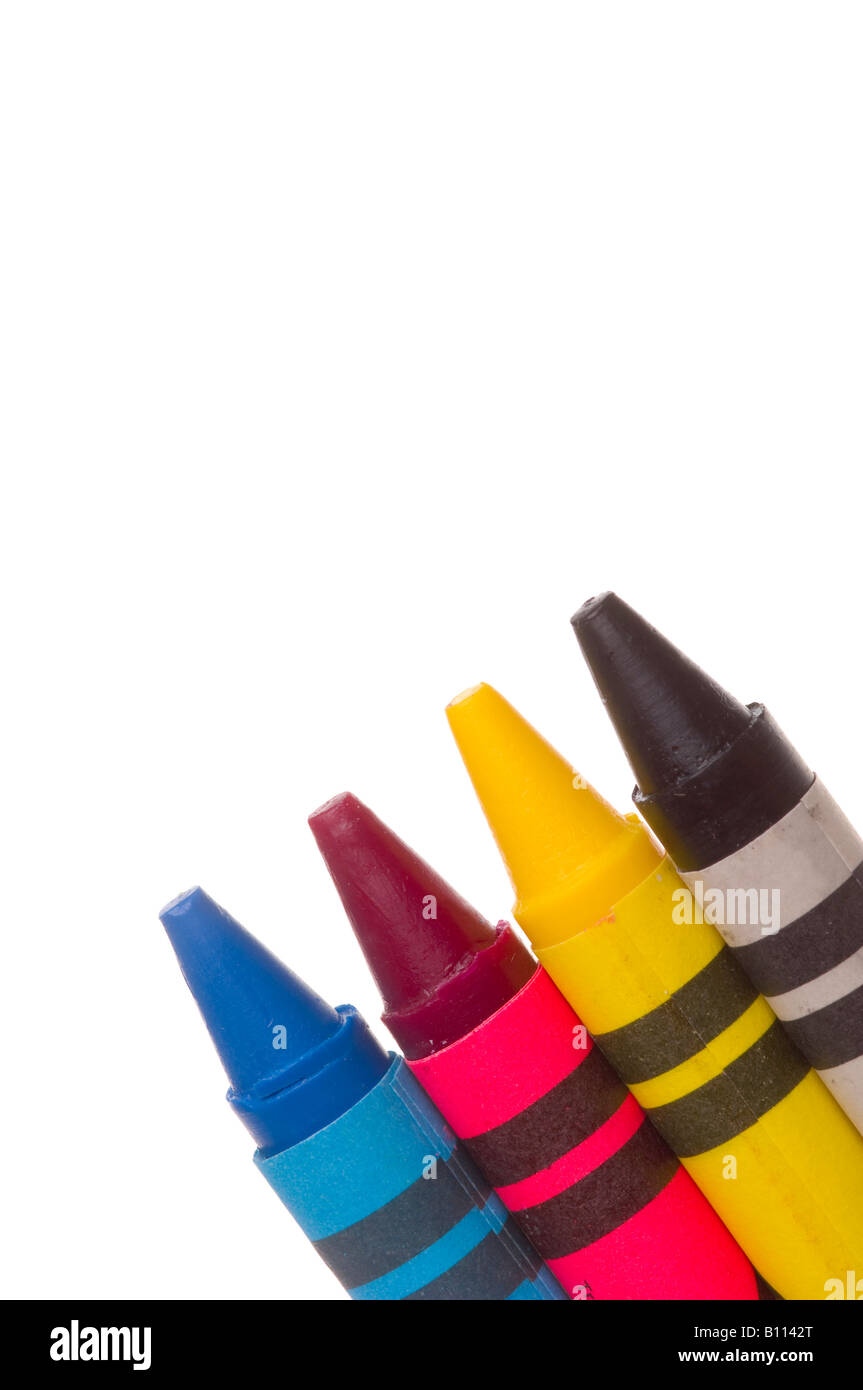Cyan, Magenta, Yellow and Black wax crayons CMYK on a white background ...