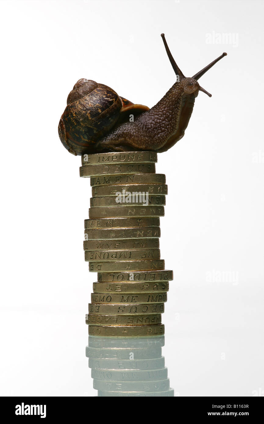 [Snail on pound coins "slow economy"] Stock Photo - Alamy