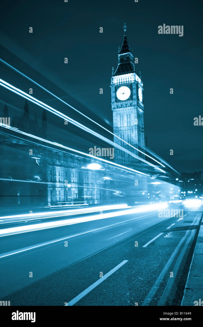 Nocturne scene with Big Ben behind light beams blue toned Stock Photo ...