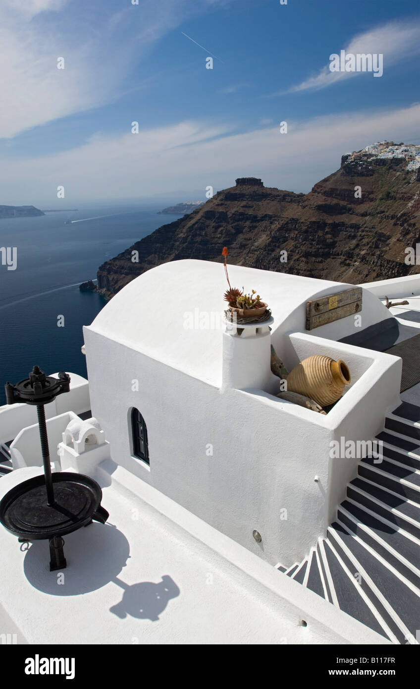 View over the White Rooftops into the Old Crater Thira, Santorini ...