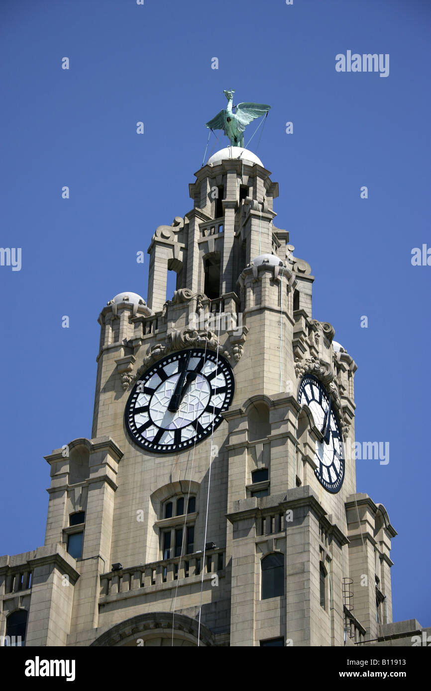 City of Liverpool, England. Close-up photograph of the Liver Building ...