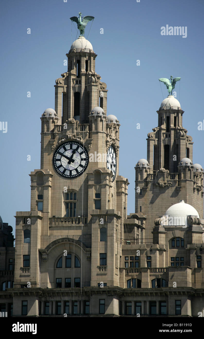 City of Liverpool, England. Close-up photograph of the Liver Building ...