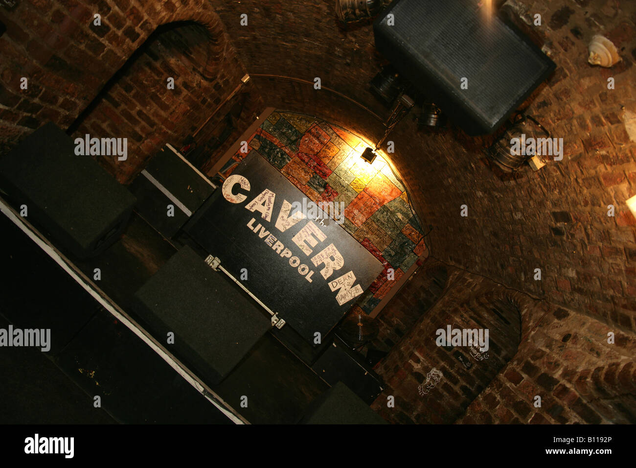 City of Liverpool, England. The Cavern sign on the stage of Liverpool’s ...