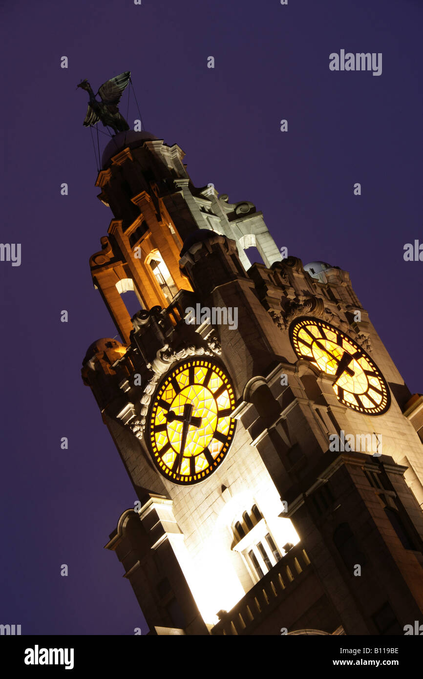 City of Liverpool, England. Close-up night view of the Liver Building ...