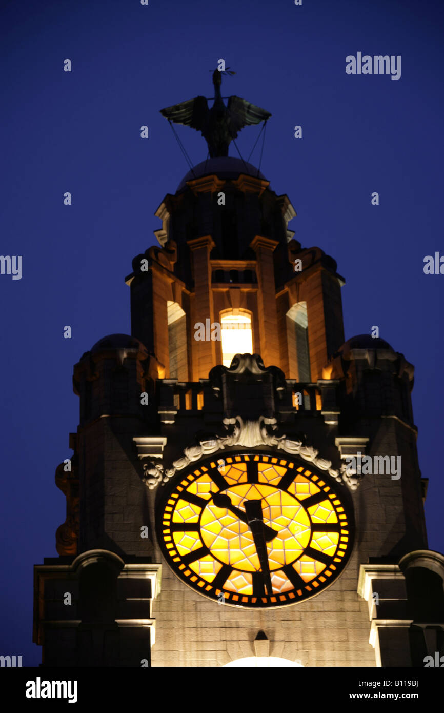 City of Liverpool, England. Close-up night view of the Liver Building ...