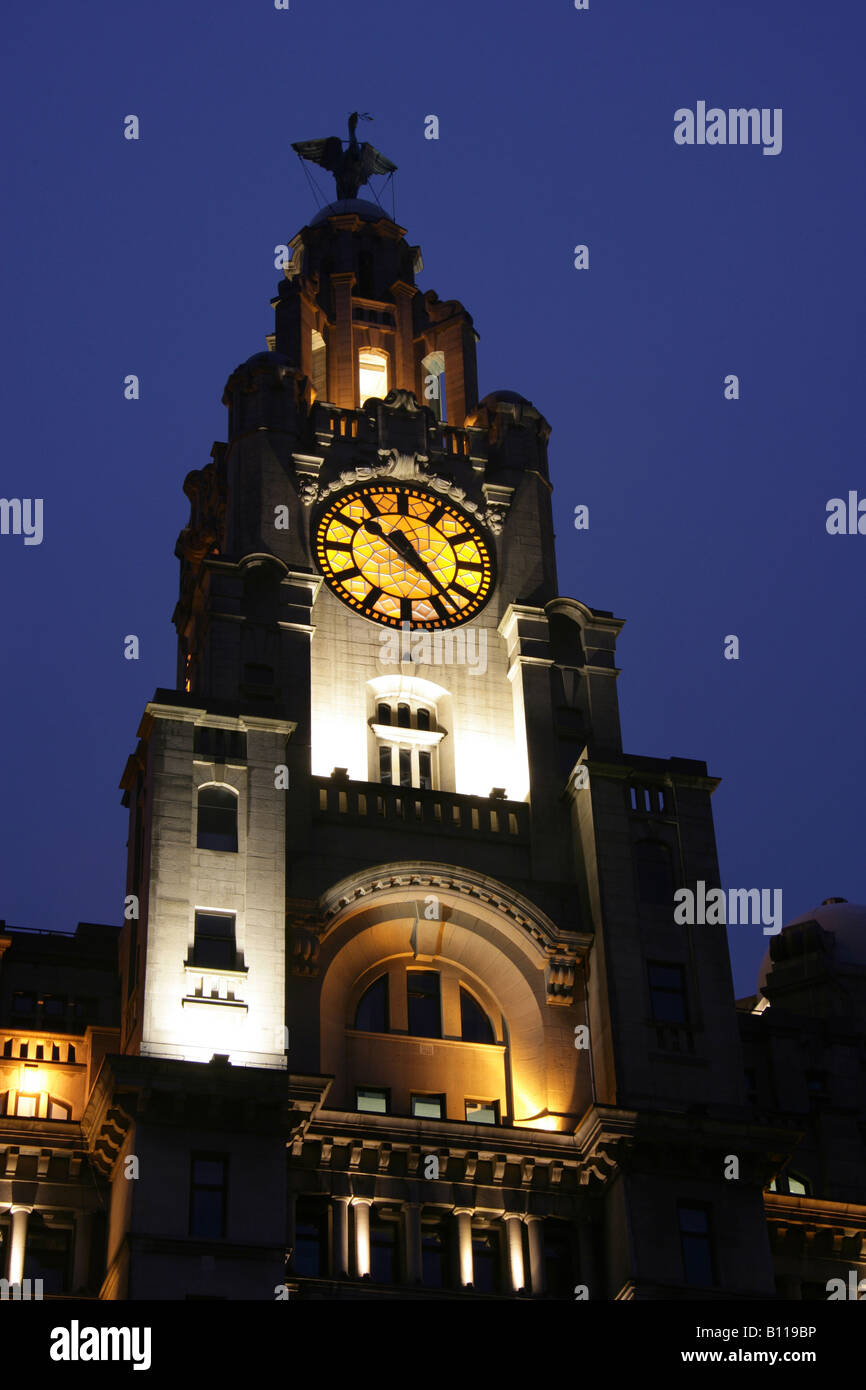 City of Liverpool, England. Close-up night view of the Liver Building ...