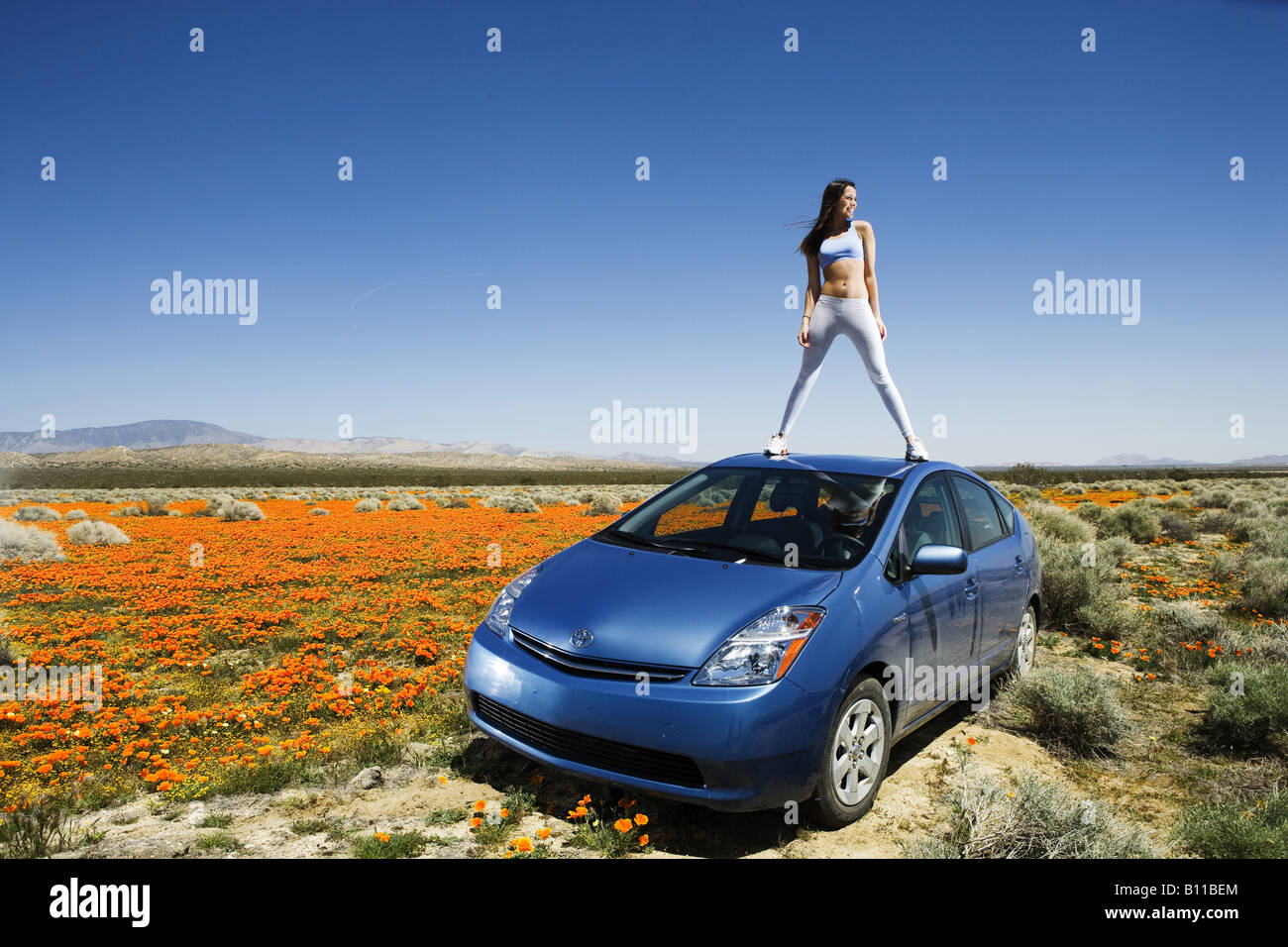Young woman standing on top of blue Toyota Prius Stock Photo - Alamy