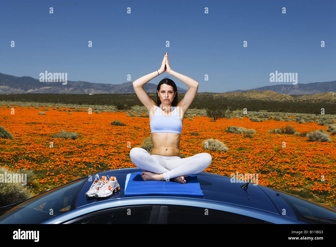 Young woman practicing yoga on roof of blue Toyota Prius Stock Photo ...