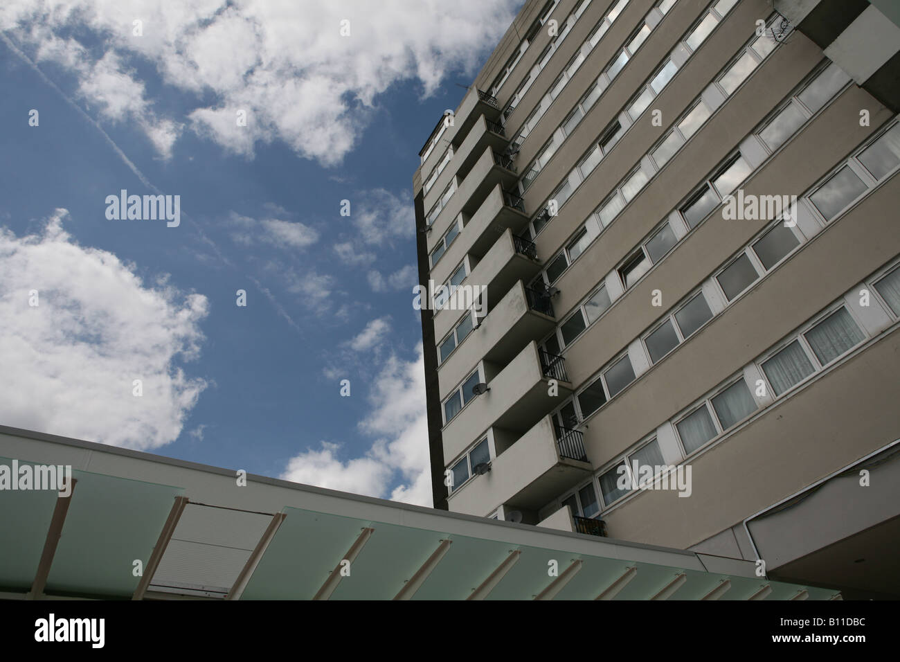 a dramatic view of a residential sky scraper, high rise building in ...