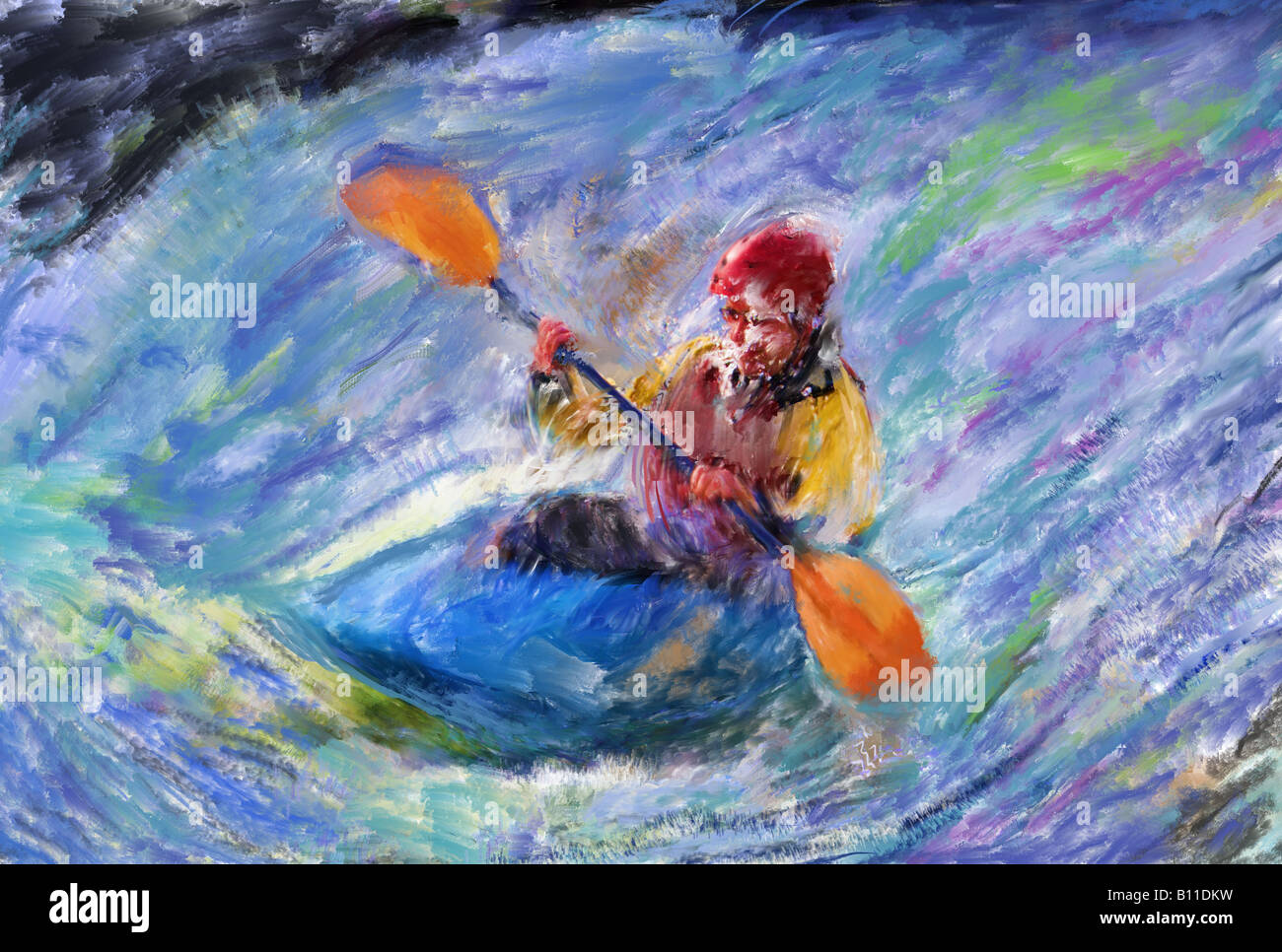 Digital Abstract style painting of a Kayaker in the rapids Stock Photo ...