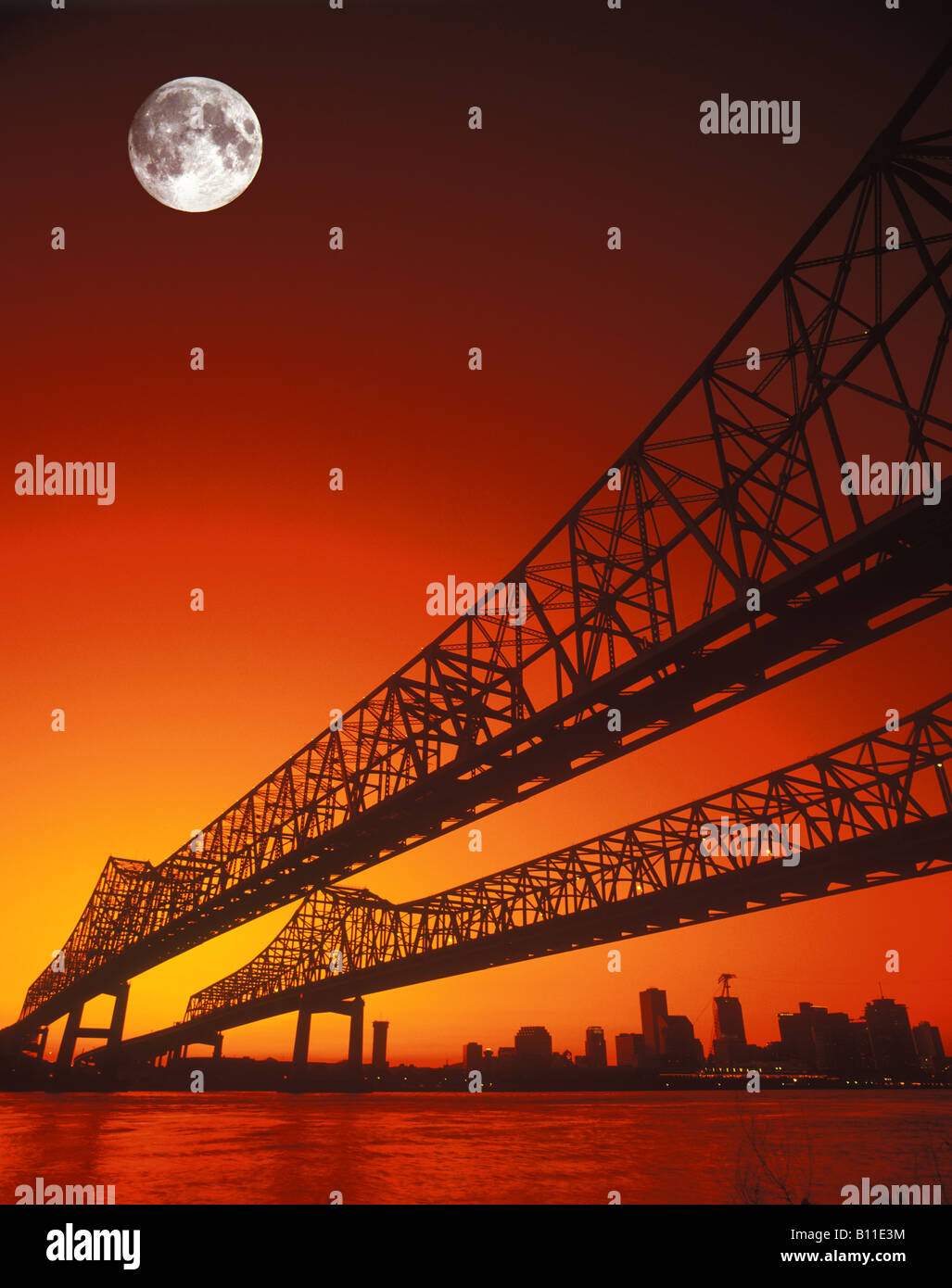 DOWNTOWN SKYLINE CRESCENT CITY BRIDGES MISSISSIPPI RIVER NEW ORLEANS ...